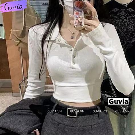 Áo Croptop Tay Dài CÚC BẤM Cổ Polo Nữ Thun Gân Áo Thun Croptop Có Chun
