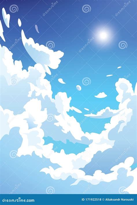 Vertical Vector Blue Sky With Clouds Anime Style Stock Vector