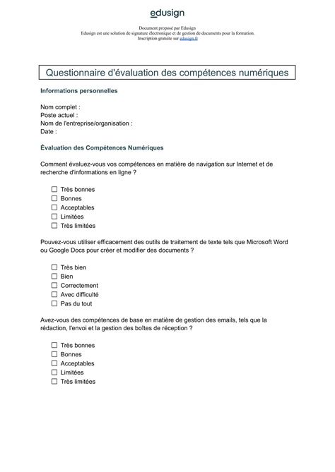 Modèle de questionnaire Evaluation compétences numériques Edusign
