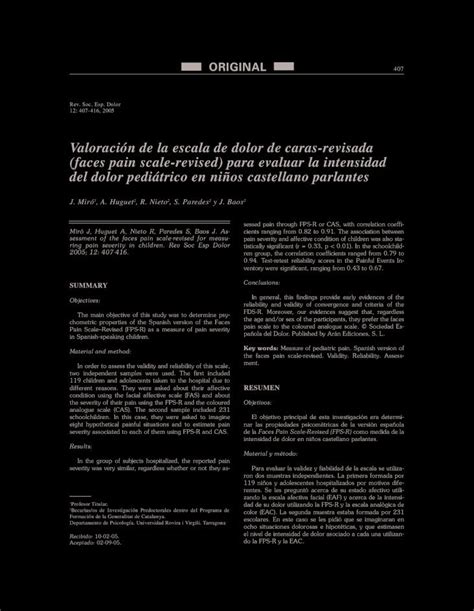 Pdf Valoraci N De La Escala De Dolor De Caras Revisada Revista
