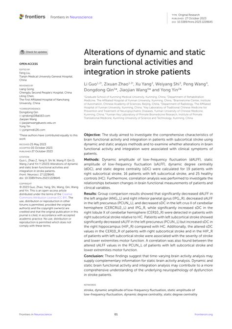 pdf alterations of dynamic and static brain functional activities and integration in stroke
