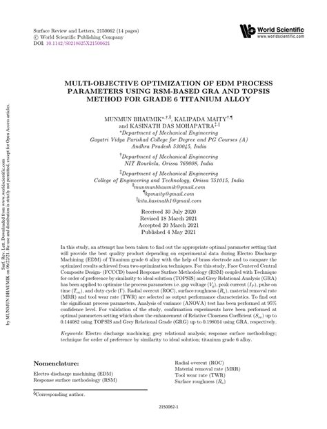 pdf multi objective optimization of edm process parameters using rsm based gra and topsis