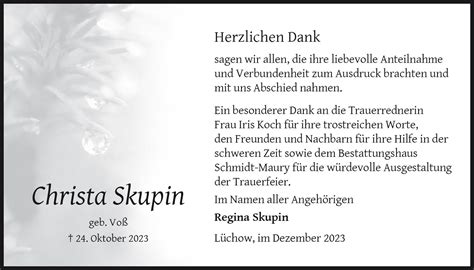 Das Trauerportal für Lüchow Dannenberg Todesanzeigen Christa Skupin