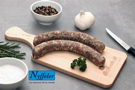 Saucisse à rôtir de porc à l ail des ours x2 Boucherie Nyffeler