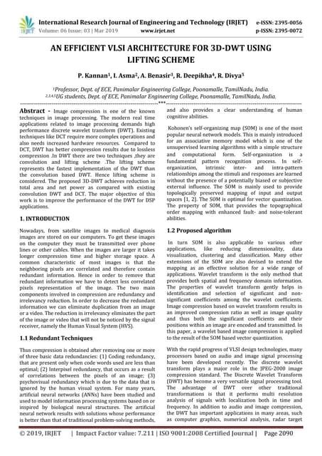 irjet an efficient vlsi architecture for 3d dwt using lifting scheme pdf