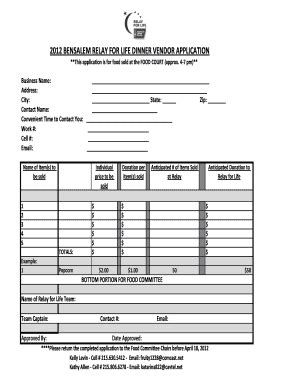 Fillable Online Relay Acsevents Relay For Life Vendor Applications Form