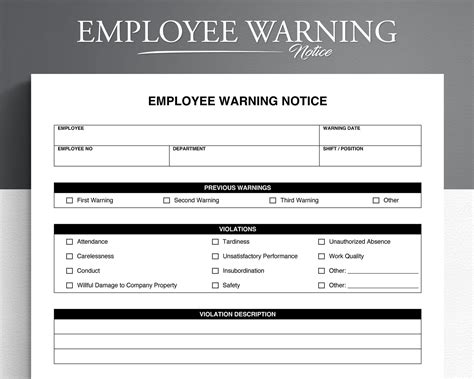 Employee Warning Notice Pdf Google Docs Microsoft Word Etsy