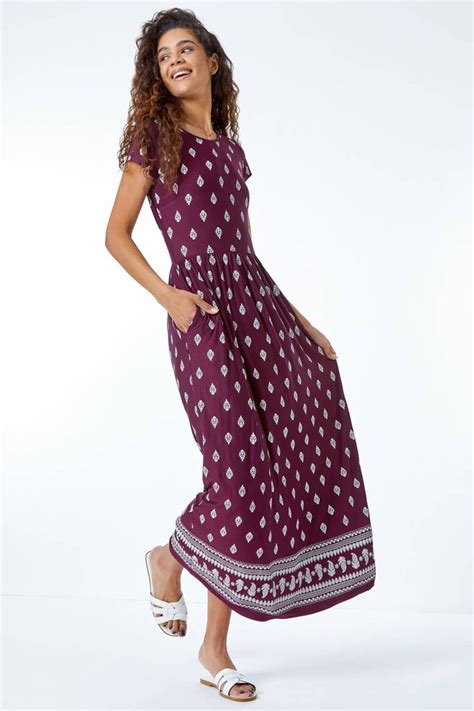 Paisley Border Print Maxi Dress In Wine Roman Originals UK Printed
