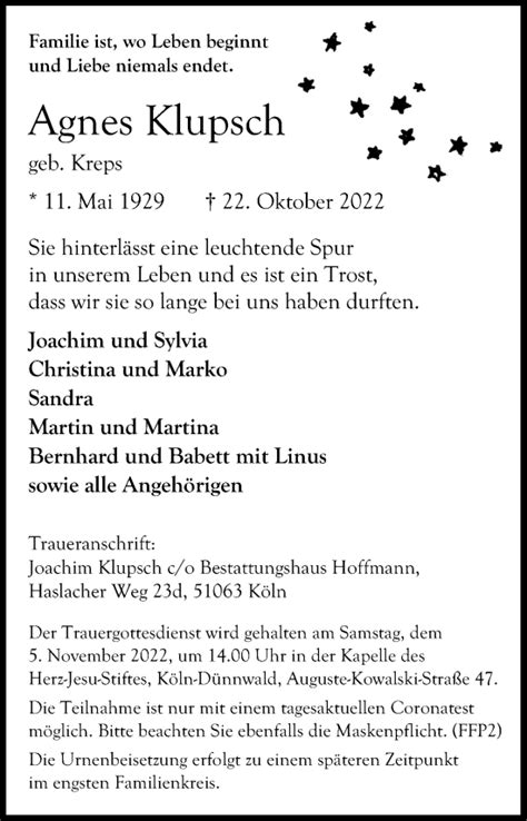 Traueranzeigen Von Agnes Klupsch Wirtrauern