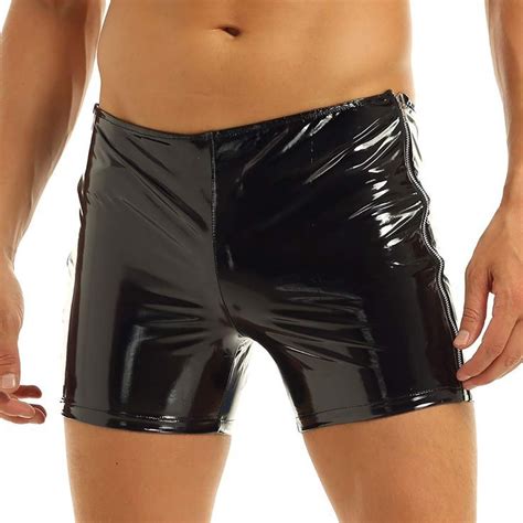 Iiniim Mens PVC Leather Side Zipper Hot Boxer Short Pants Patent