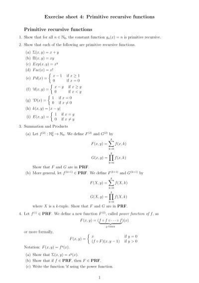 exercise sheet 4 primitive recursive functions primitive inria