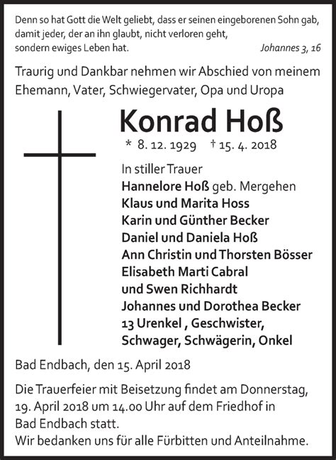 Traueranzeigen von Konrad Hoß vrm trauer de