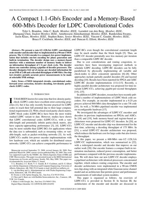 pdf a compact 1 1 gb s encoder and a memory based 600 mb s decoder for ldpc convolutional codes