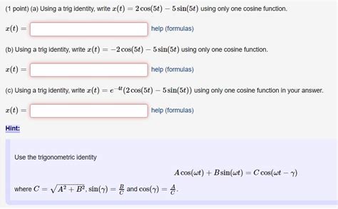 solved 1 point a using a trig identity write x t 2