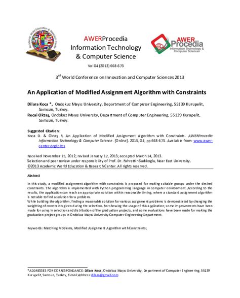 pdf an application of modified assignment algorithm with constraints science park research