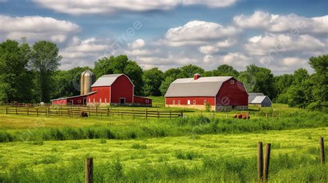 Fondo Dos Grandes Graneros Rojos En Un Campo Fondo Foto De Paisaje De
