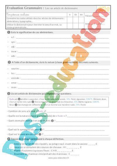 Lire un article de dictionnaire au Cm1 Évaluation bilan PDF à