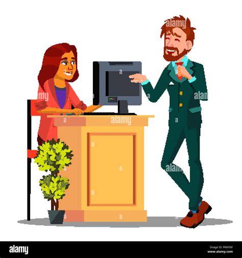 Recepción linda chica detrás del mostrador de recepción reunión el