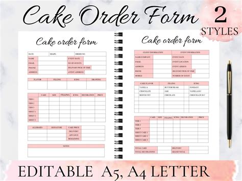 Cake Order Form Printable Cake Order Form Bakery Order Form Baking