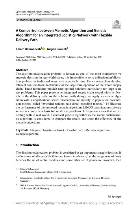 pdf a comparison between memetic algorithm and genetic algorithm for an integrated logistics