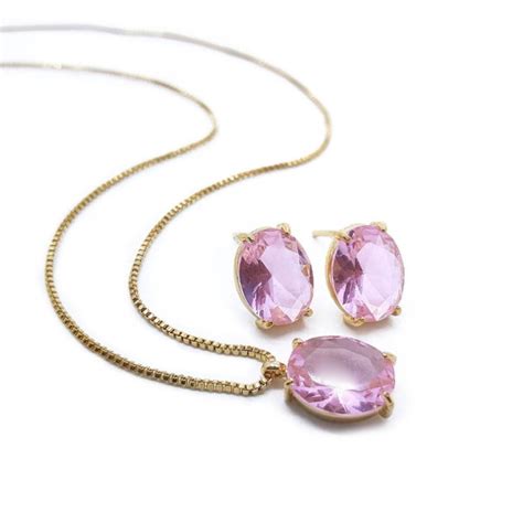 Conjunto Brincos E Colar Pedras Rosa Cristal Elo7