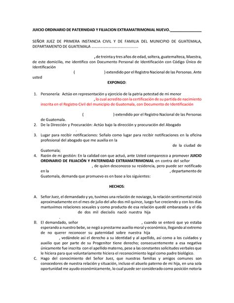 Demanda Paternidad de filiación extramatrimonial JUICIO ORDINARIO DE