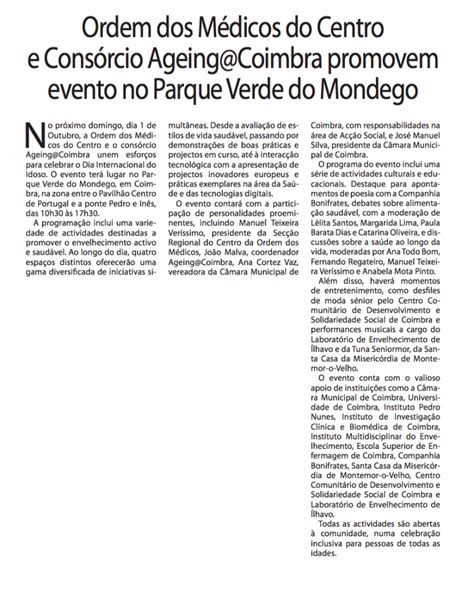 OM Centro E Ageing Coimbra Promovem Evento No Parque Verde Do Mondego