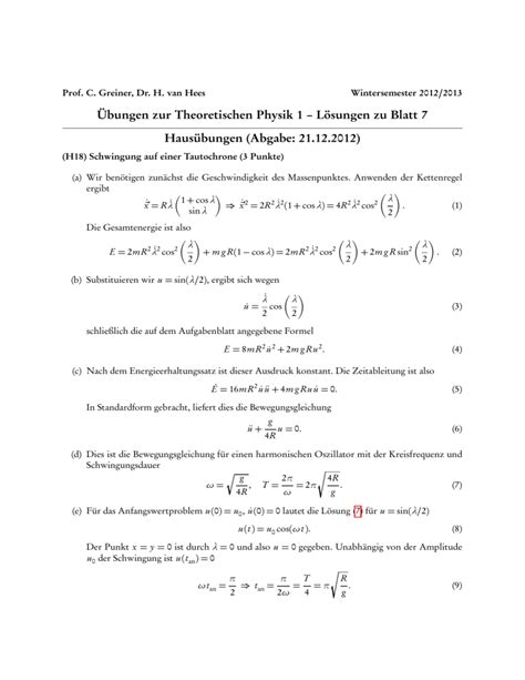 Übungen zur Theoretischen Physik 1 Lösungen zu Blatt 7