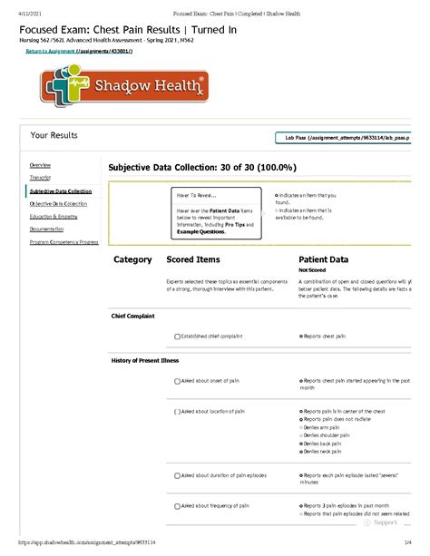 SOLUTION Focused Exam Chest Pain All Shadow Health Studypool