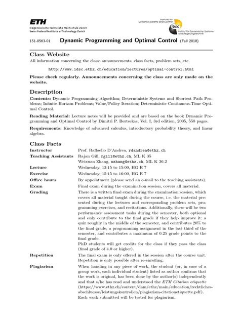 dynamic programming and optimal control class website 151 0563 01 fall 2018 pdf optimal