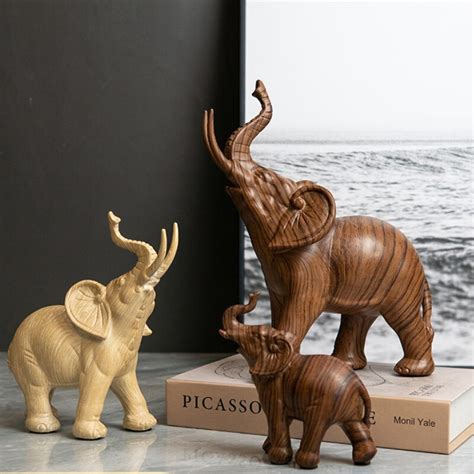 Home Decor Woodgrain Resin Elephant Statue Feng Shui Elegant Elephant