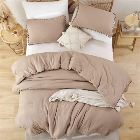 Snapklik YIRDDEO Taupe Comforter King Set 3pcs Boho Ball Pom Pom