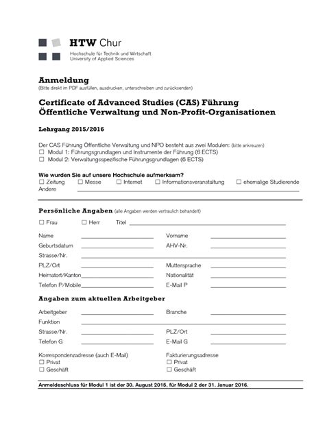 Ausfüllbar Online htwchur Bitte direkt im PDF ausfllen ausdrucken