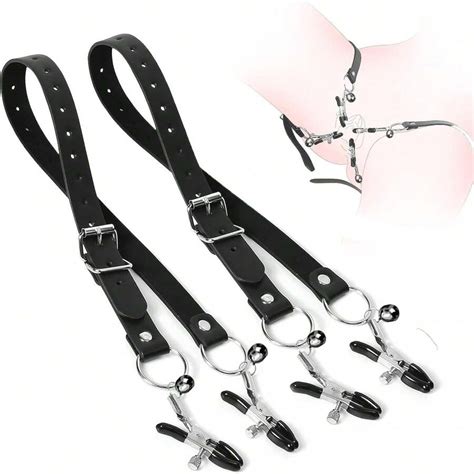 SM Clitoral Labia Spreader Straps Nipple Clamps Adjustable Leather