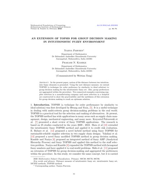 pdf an extension of topsis for group decision making in intuitionistic fuzzy environment