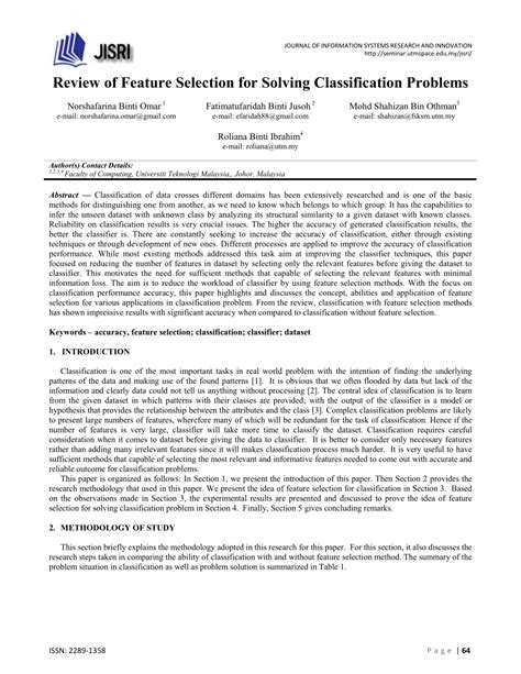 pdf review of feature selection for solving classification problems