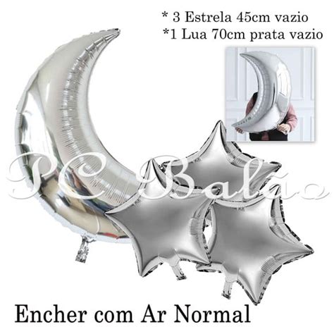 Kit 4 Balão Metalizado 1 Lua 70cm 3 Estrela 45cm Prata Elo7