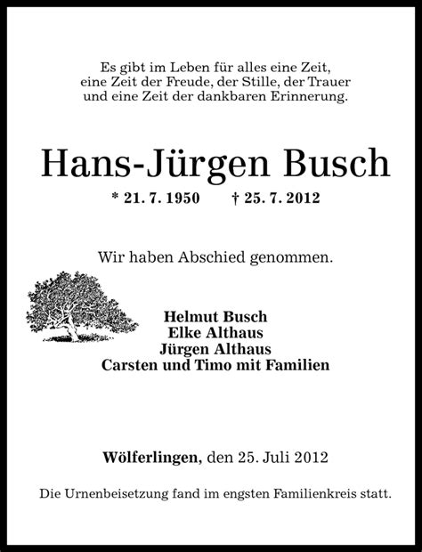 Traueranzeigen von Hans Jürgen Busch rz trauer de