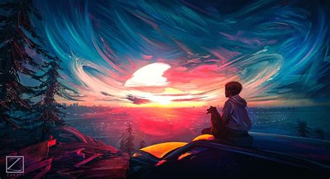 Obra de arte arte digital naturaleza árboles puesta de sol perro