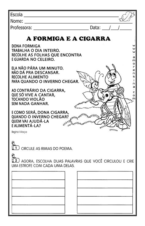A FORMIGA E A CIGARRA POEMA E ATIVIDADES PARA O 1º ANO