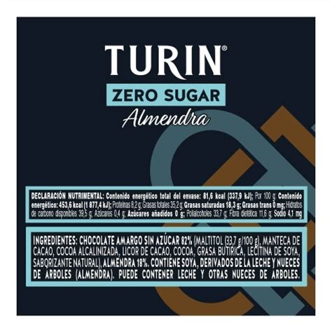 Chocolate Turin zero azúcar con almendras 18 g Bodega Aurrera
