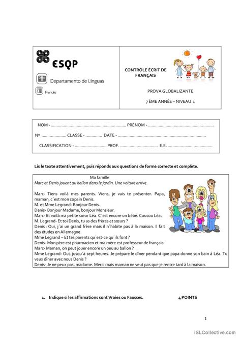 Epreuve Globale 7 année niveau 1 co Français FLE fiches pedagogiques