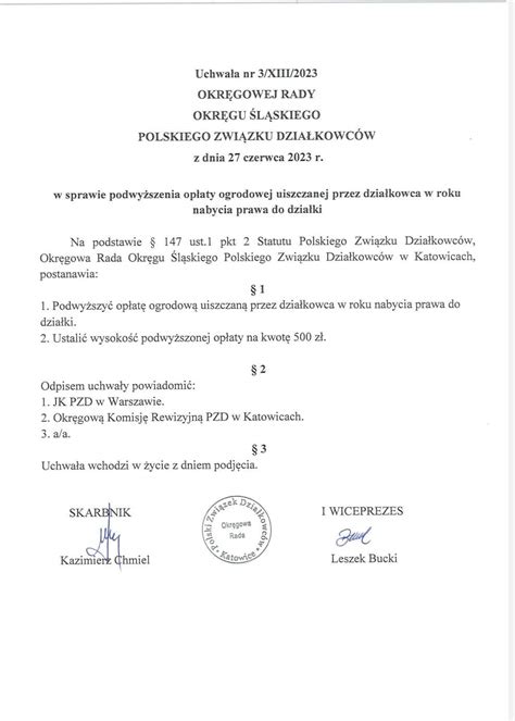 Uchwa A Nr Xiii Okr Gowej Rady Okr Gu L Skiego Pzd Z Dnia