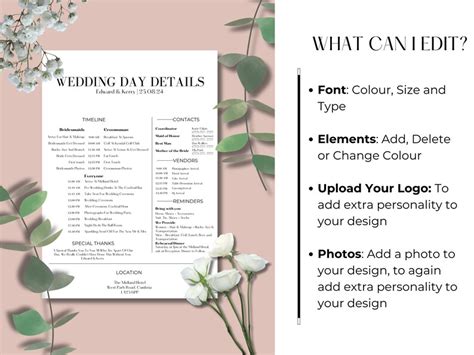Editable Wedding Day Timeline Template Reception Bridal Party Agenda