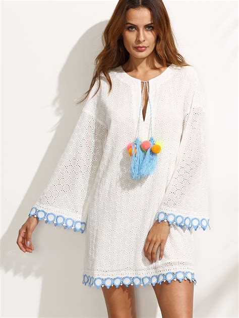 White Tassel Tie Neck Contrast Trim Eyelet Embroidered Dress SheIn