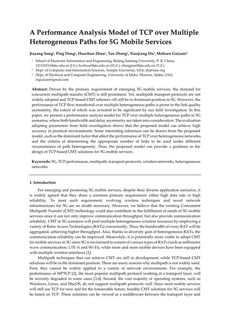 pdf a performance analysis model of tcp over multiple heterogeneous paths for 5g mobile services