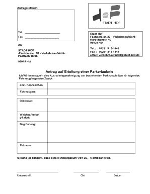 Ausfüllbar Online stadt hof Antrag auf Erteilung einer Parkerlaubnis