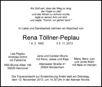 Traueranzeigen von Rena Töllner Peplau nordwest trauer de