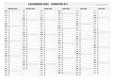Calendrier 2023 vierge à imprimer Panning annuel semestriel et