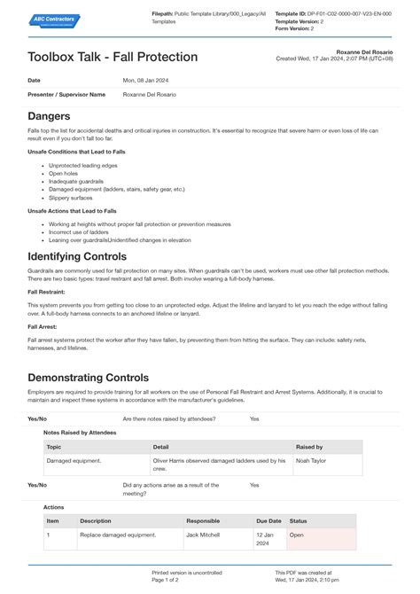 Toolbox Talk Fall Protection Template Free And Customisable